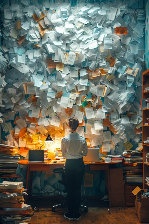 A Woman Sitting at a Desk in Front of Wall Covered with Papers, AI ...