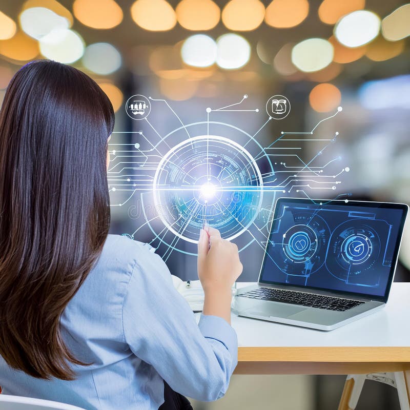 Woman Sitting at Desk Using Laptop Computer. Generative AI Stock Photo ...