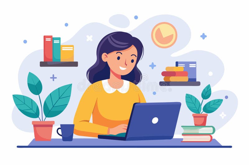 A Woman Sitting at a Desk, Using a Laptop for Online Learning or Work ...