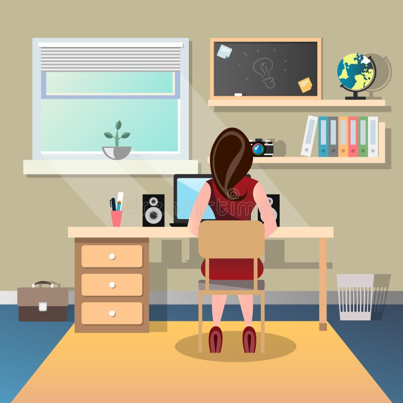 Woman Sitting at a Desk and Working on the Computer Back View Stock ...