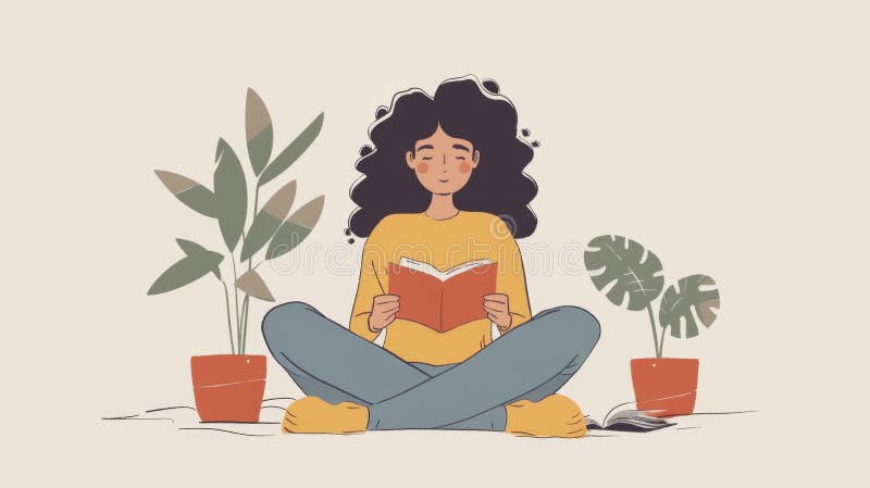 A Woman Sitting On The Floor Reading A Book Ai Stock Illustration