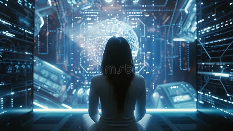 A Woman Sitting in Front of a Blank Screen Her Neural Interface ...
