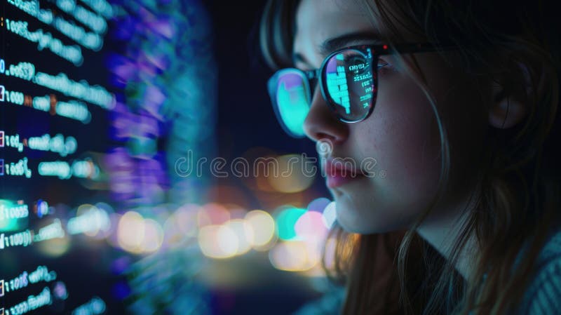 A Woman Sitting in Front of a Computer, Focused on the Screen Stock ...