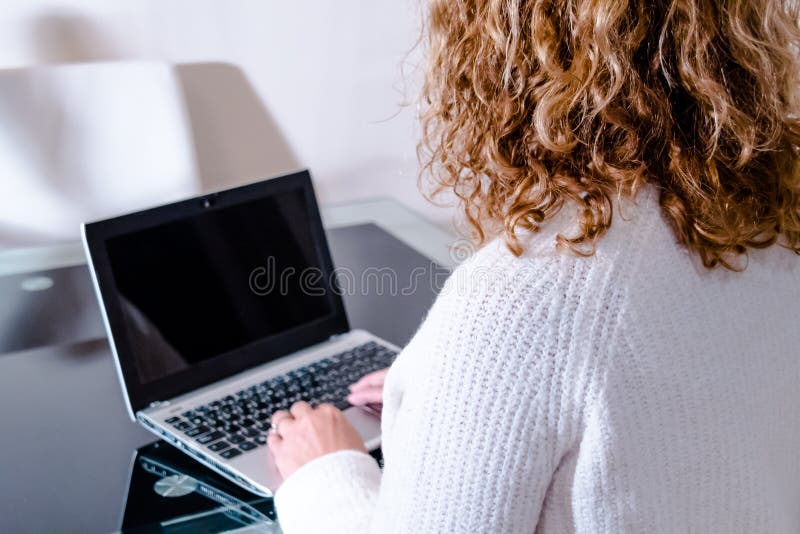 Blond Woman with Curly Hair Working with Computer at Home Stock Image ...
