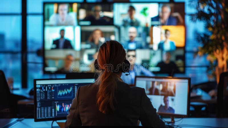Woman Sitting in Front of Two Computer Monitors Stock Image - Image of data, busy: 320476807