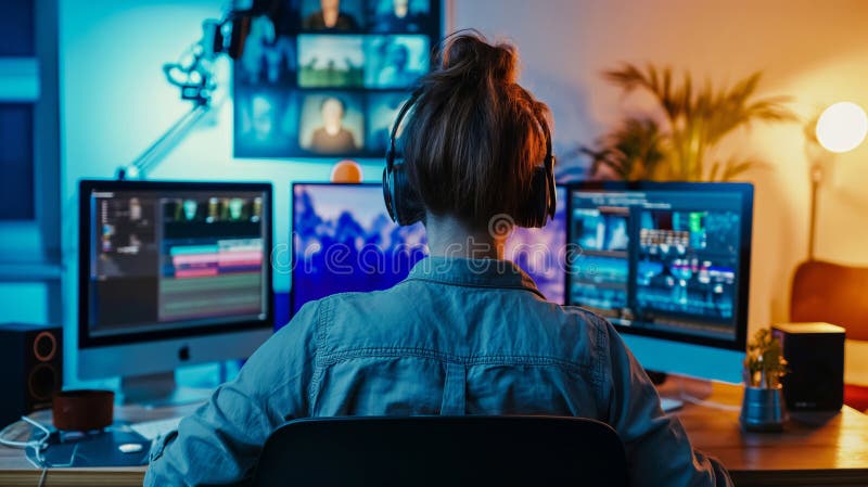 Woman Sitting in Front of Two Computer Monitors Stock Photo - Image of ...