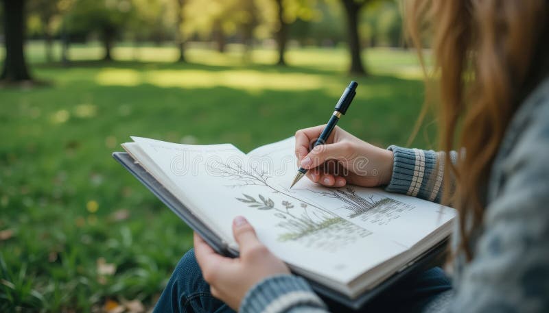 A Woman is Sitting on the Grass and Writing in a Book. Generative AI ...