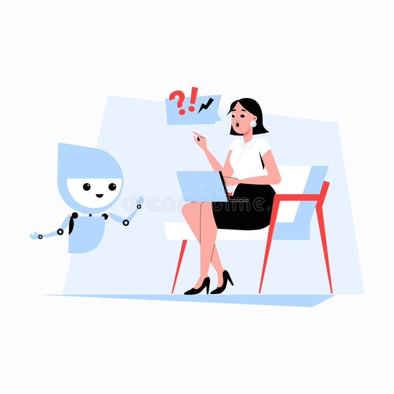Woman Chatting with AI Chatbot in Flat Vector Illustration Symbolizing ...