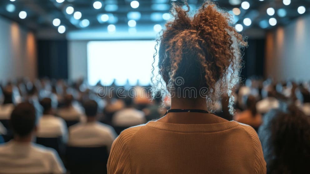 A Woman Sitting in a Large Crowd Facing a Presentation Screen Stock ...