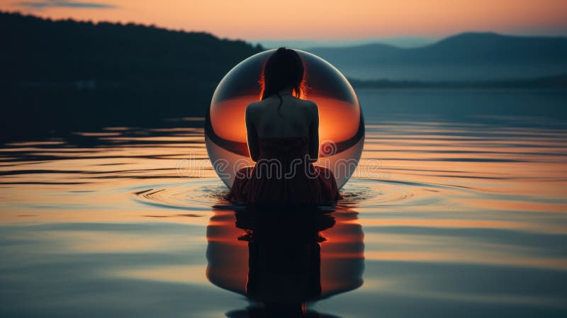 A Woman Sitting in a Large Sphere on the Water, AI Stock Photo - Image ...