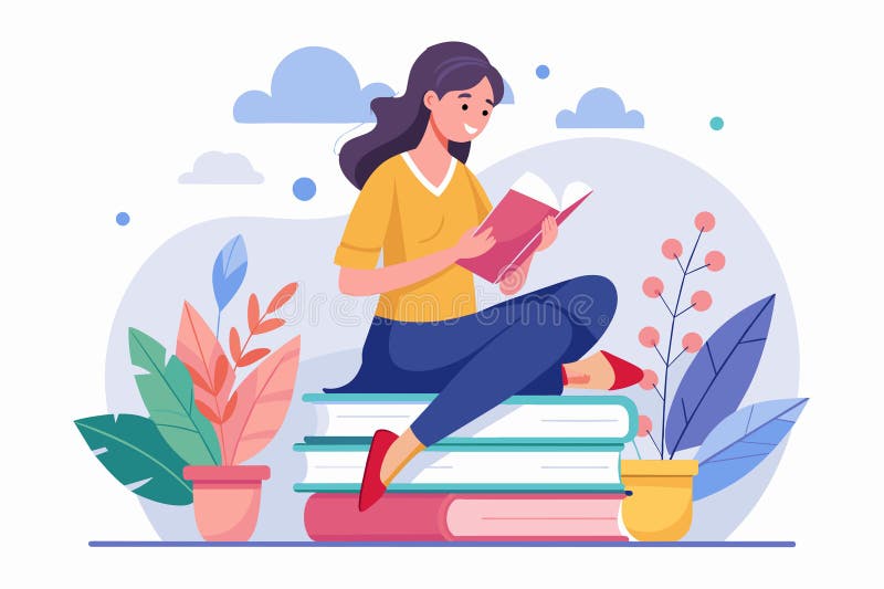 A Woman Sitting on a Large Stack of Books, Possibly Doing Homework or ...