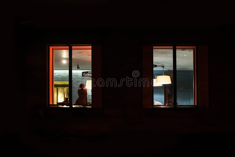 Lighted Room Window at Night Stock Photo - Image of drawn, frames ...