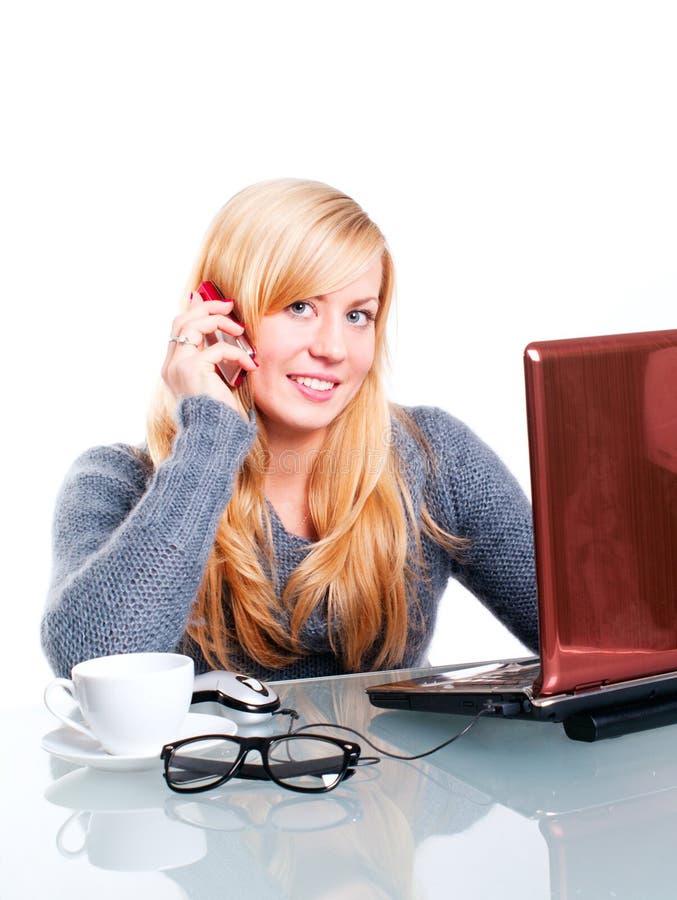 Woman Sitting in Office and Calling by Phone Stock Photo - Image of ...