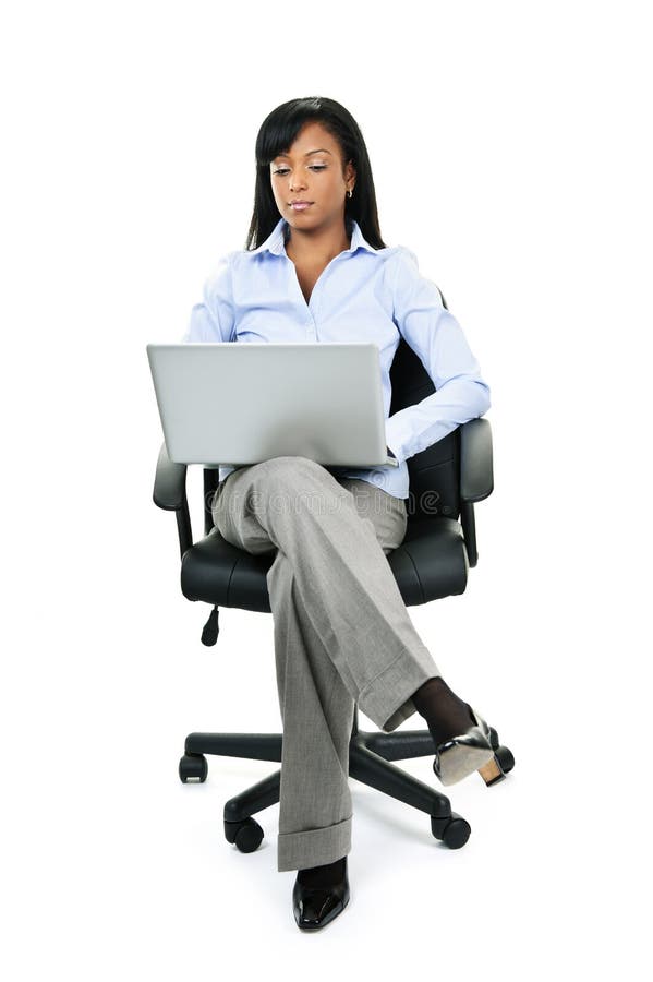 Woman Sitting in Office Chair with Computer Stock Photo - Image of legs ...