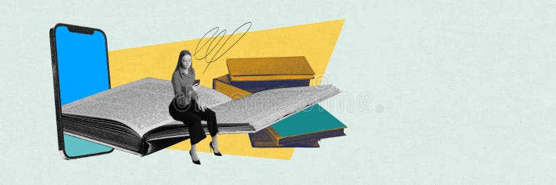 Woman Sitting on Open Book Emerging from Large Smartphone Screen ...