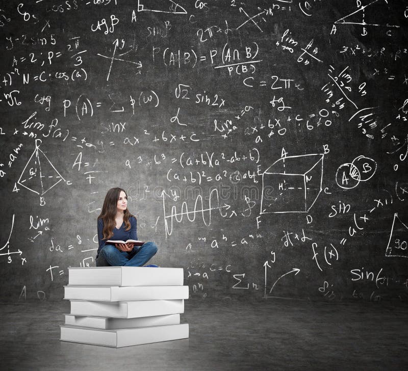 Woman Sitting on a Pile of Books Thinking about Problem Stock Image ...