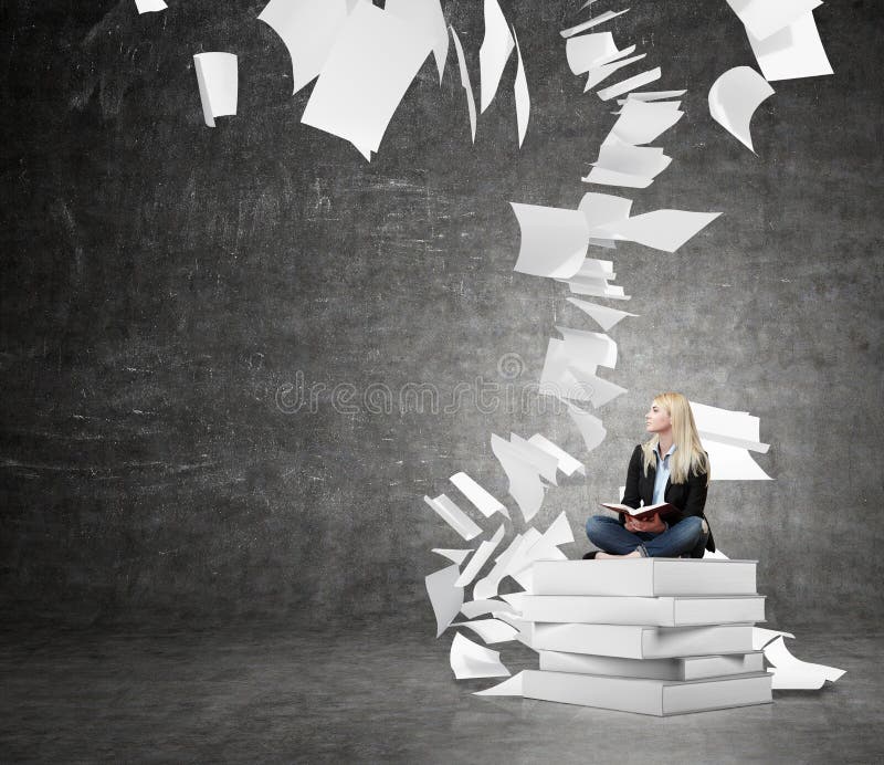 Woman Sitting on a Pile of Books Thinking about Problem Stock Photo ...