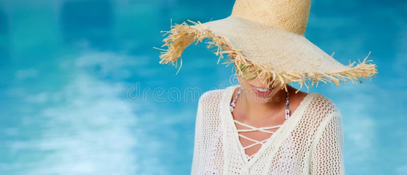Woman Sitting by the Pool Side and Smiling Over Her S Stock Photo ...