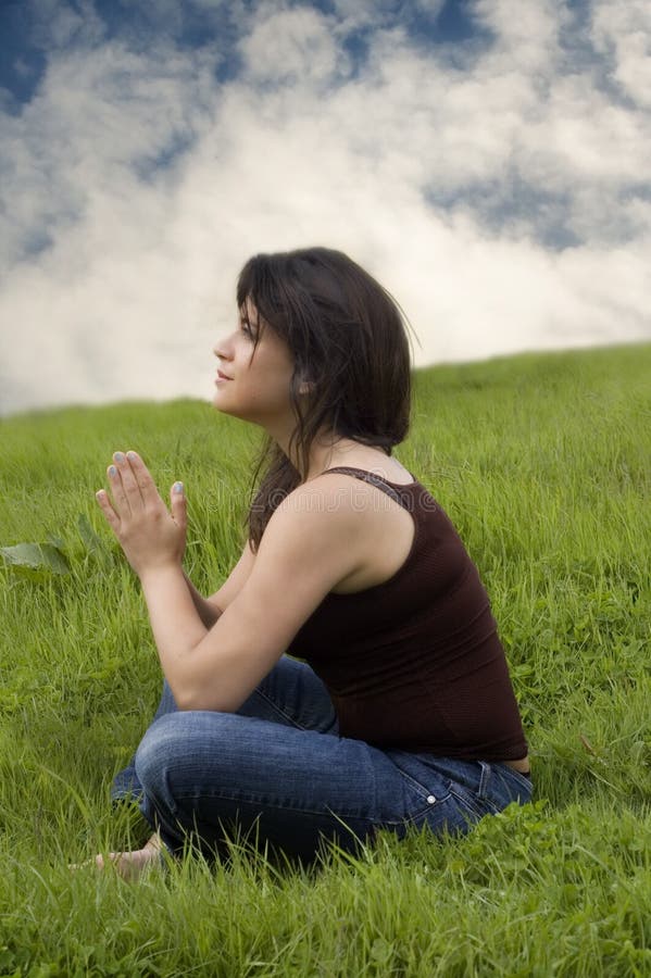 Woman Sitting in Praying Pose Stock Image - Image of lady, grass: 5330085