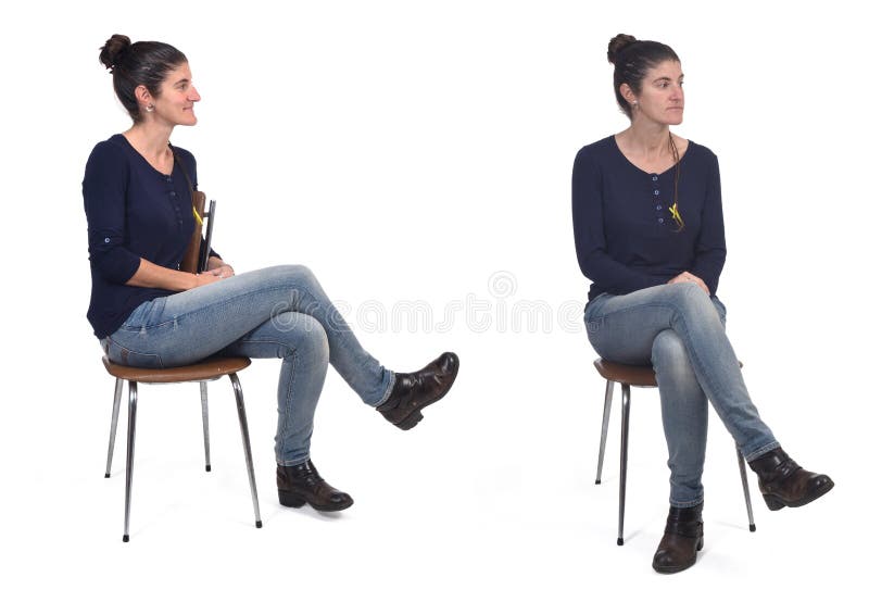 Woman Sitting on a Chair Back and Front on White Background Stock Photo ...