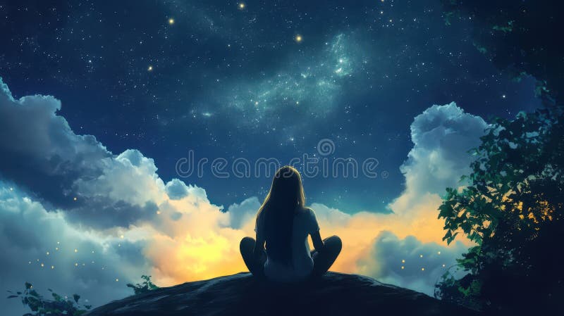 Woman Sitting Quietly Staring Up at Night Sky Stock Illustration ...