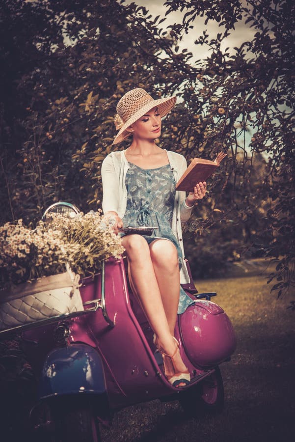 Woman Sitting on a Retro Roller Stock Image - Image of beautiful, lady ...