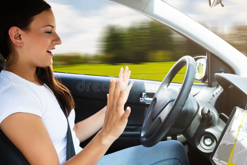Woman Sitting in Self Driving Modern Car Stock Photo - Image of ...