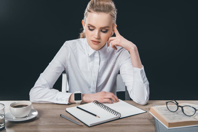 Woman Sitting at Table and Thinking Stock Image - Image of beautiful ...