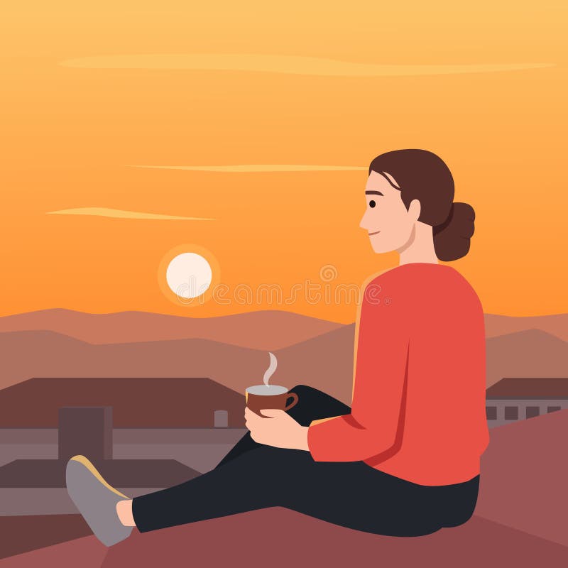 Woman Sitting on Terrace at Sunset Stock Illustration - Illustration of ...