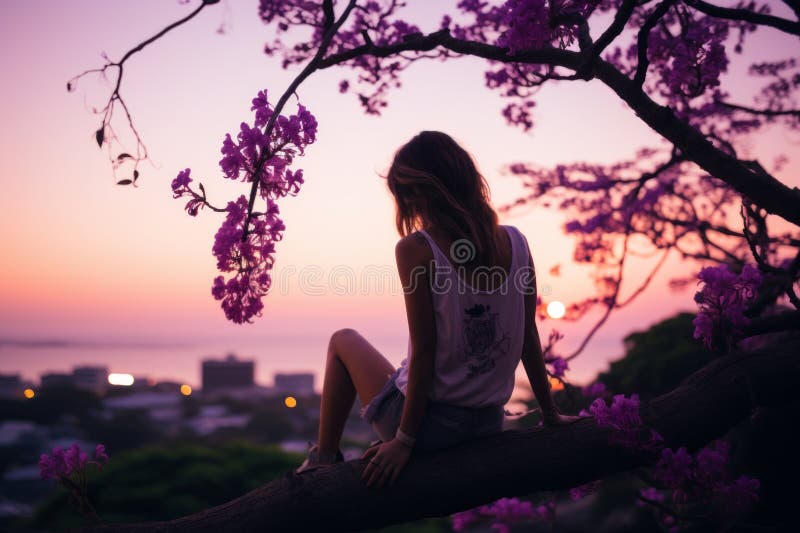 A Woman Sitting on a Tree Branch at Sunset Stock Illustration ...