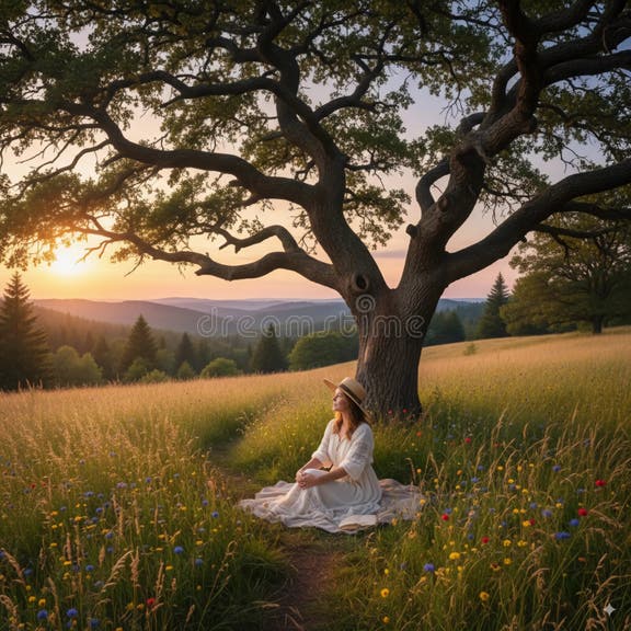 A woman under tree stock illustration. Illustration of morning - 401062485
