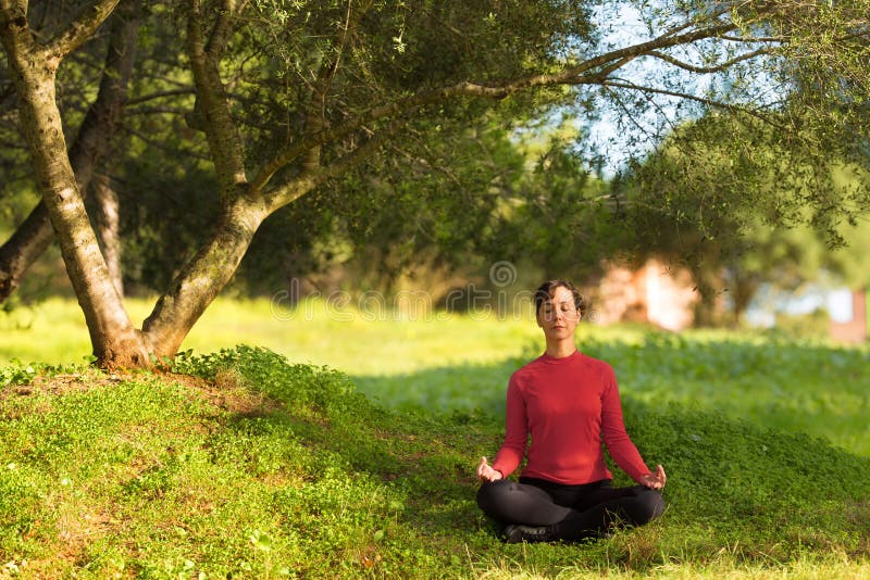 Woman Sitting Under a Tree and Meditating Stock Image - Image of ...