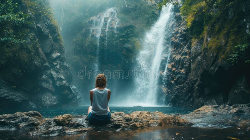 A Woman Sitting by a Waterfall Feeling the Mist on Her Face and Finding ...