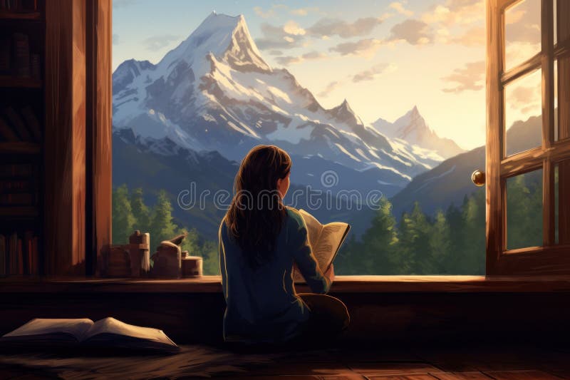 Woman Sitting beside Window, with Book. Illustration AI Generative ...
