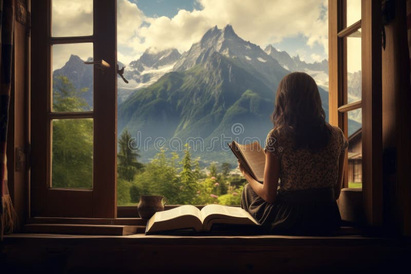 Woman Sitting beside Window, with Book. Illustration AI Generative ...