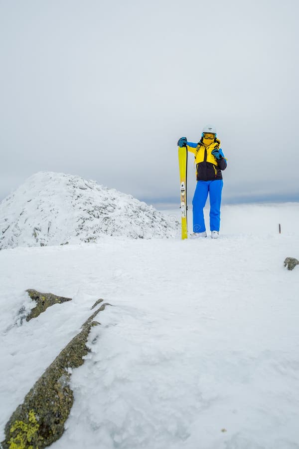 Woman Skier Posing on the Top of Snowed Mountain Stock Photo - Image of ...