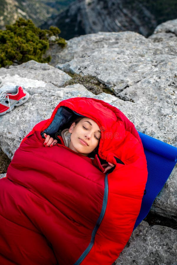 Woman in Sleeping Bag on the Mountain Stock Photo - Image of landscape ...