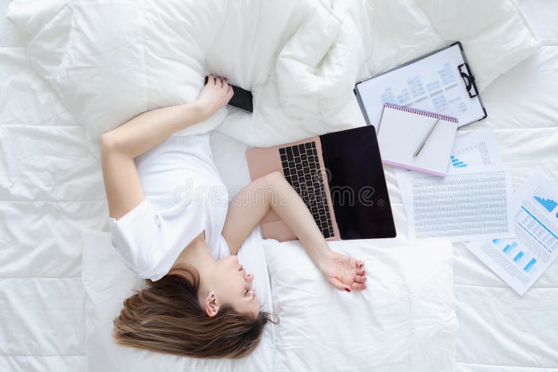 Woman Sleeping in Bed with Laptop and Documents Top View Stock Image ...