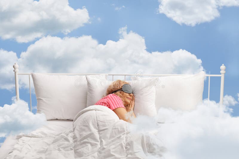 Woman Sleeping with a Mask and Floating on Clouds Stock Image - Image ...