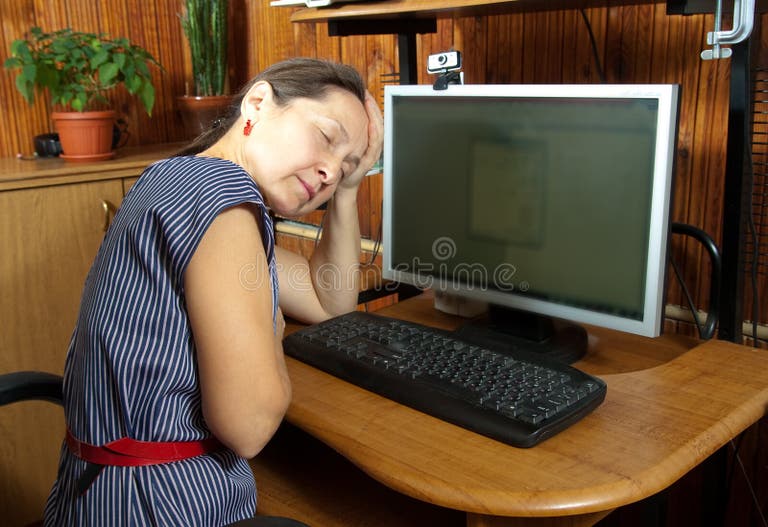 Woman Sleeping Near Computer Stock Image - Image of sleeping, chair ...