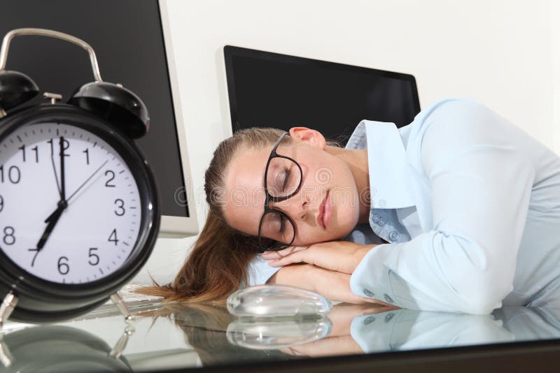 Woman Sleeping on Work in Office Desk with Clock Stock Image - Image of ...