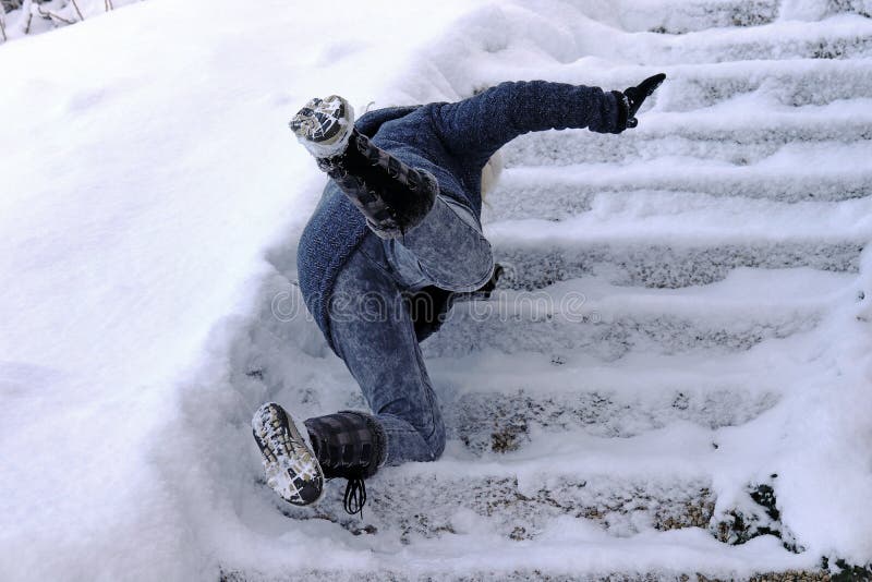 A Woman Slipped And Fell On A Wintry Staircase Stock Image - Image of ...