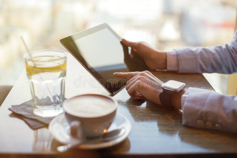 Woman with Smart Watch Working on Tablet Stock Image - Image of ...