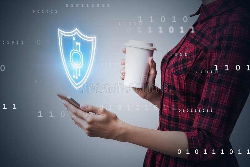 Woman with Smartphone, Cyber Security Interface Stock Photo - Image of ...