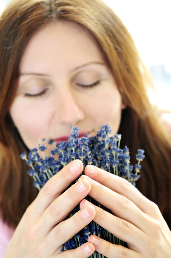 Woman smelling lavender stock image. Image of aroma, herb - 5223291