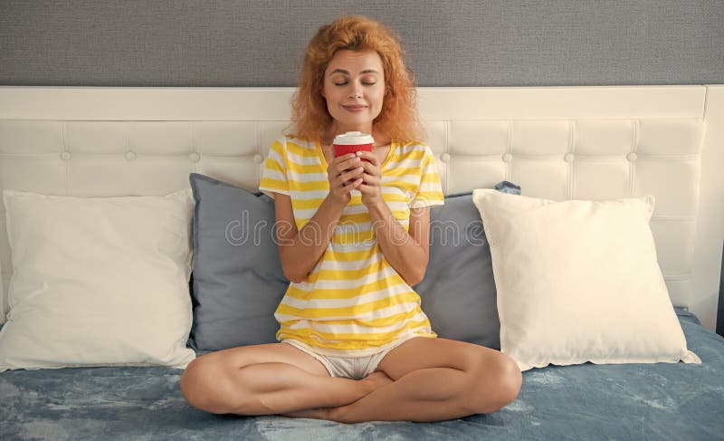 Woman Smelling Morning Coffee in Bed. Good Morning. Woman with Coffee ...
