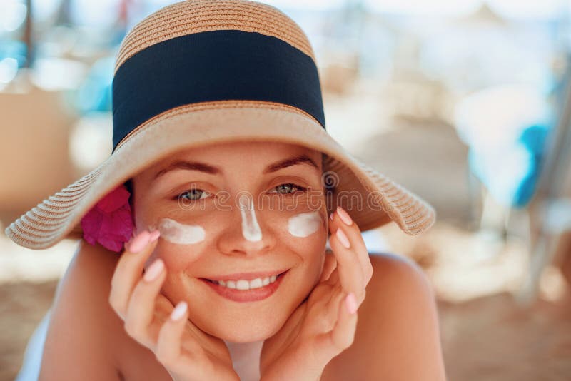 Woman Smile Applying Sun Cream On Face Skincare Body Sun Protection