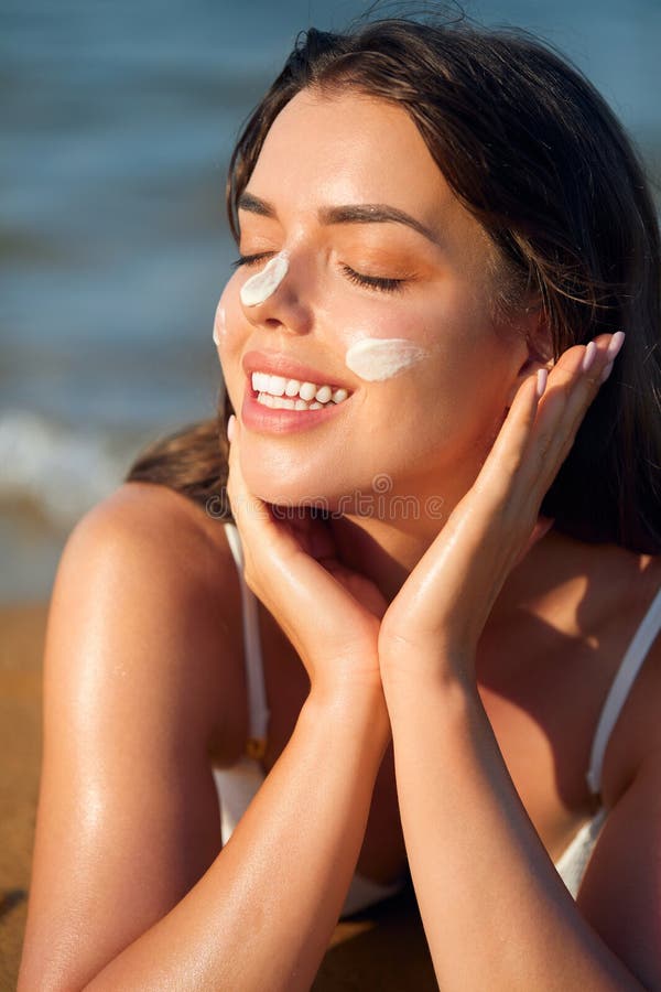 Woman Smile Applying Sun Cream On Face Skincare Stock Image Image Of