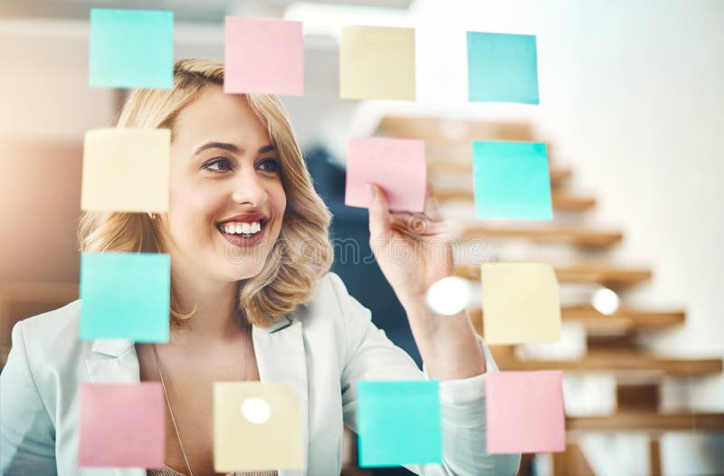 Woman, Smile and Brainstorming with Sticky Note for Timeline, Goals and ...