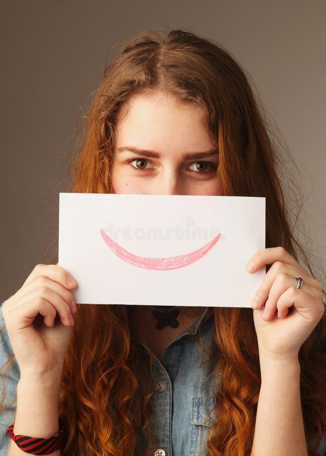 Woman with a Smile Card (emotion, Gestures) Stock Image - Image of ...